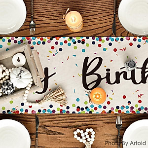 Artoid Mode Polka Dot Beige Happy Birthday Table Runner, Seasonal Kitchen Dining Table Decoration for Home Party Decor 13x72 Inch