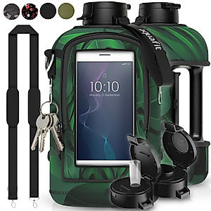 AQUAFIT 64 oz Water Bottle with Time Marker PLUS Carrying Sleeve with Strap - Water Bottle with Strap - Water Bottle with Straw - BPA Free Gym Water Bottle - Big Water Bottle with Handle (Monstera)