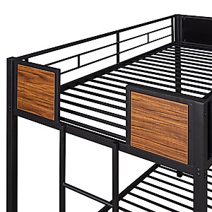 Twin over Twin Metal Bunk Bed, Modern Style Heavy-Duty Steel Frame Bunk Bed with Safety Rail, Built-in Ladder for Bedroom, Dorm, Boys, Girls, Adults (Black + Brown)