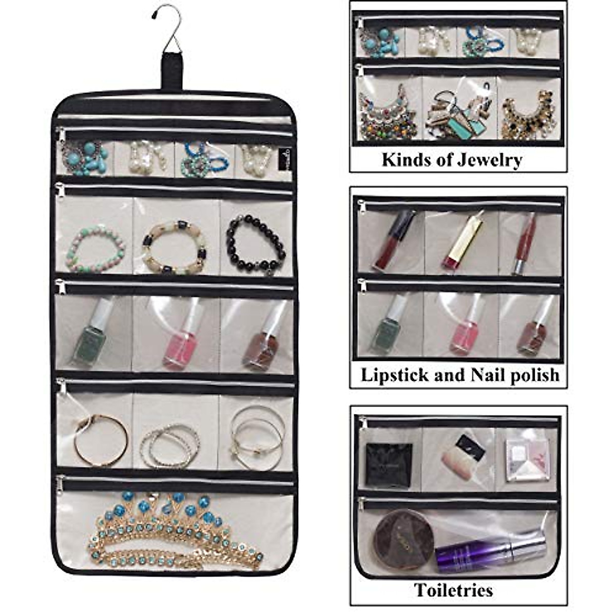 MISSLO Hanging Jewelry Organizer Travel Foldable Jewelry Roll Storage Case with 14 Cotton Zippered Pockets for Traveling, Closet, Suitcase