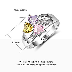 Mothers Ring with 3 Heart Simulated Birthstones Engraved 3 Names Personalized Promise Rings for Her Mom Jewelry (8.5)