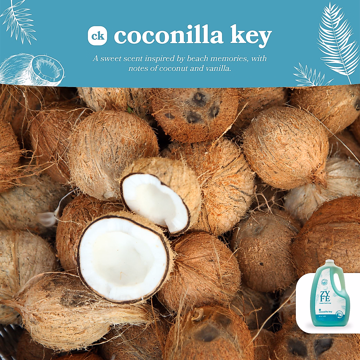 ZYFE Vitamin Hand Soap Refill - Liquid Hand Soap - Natural Plant Derived Moisturizing Handsoap with Essential Oil Fragrance Coconilla Key - Soft Hand Wash for Kitchen & Bathroom - Lush Soft Soap 64oz