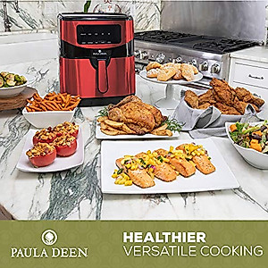 Paula Deen Stainless Steel 10 QT Digital Air Fryer (1700 Watts), LED Display, 10 Preset Cooking Functions, Ceramic Non-Stick Coating, Auto Shut-Off, 50 Recipes (Red Stainless)