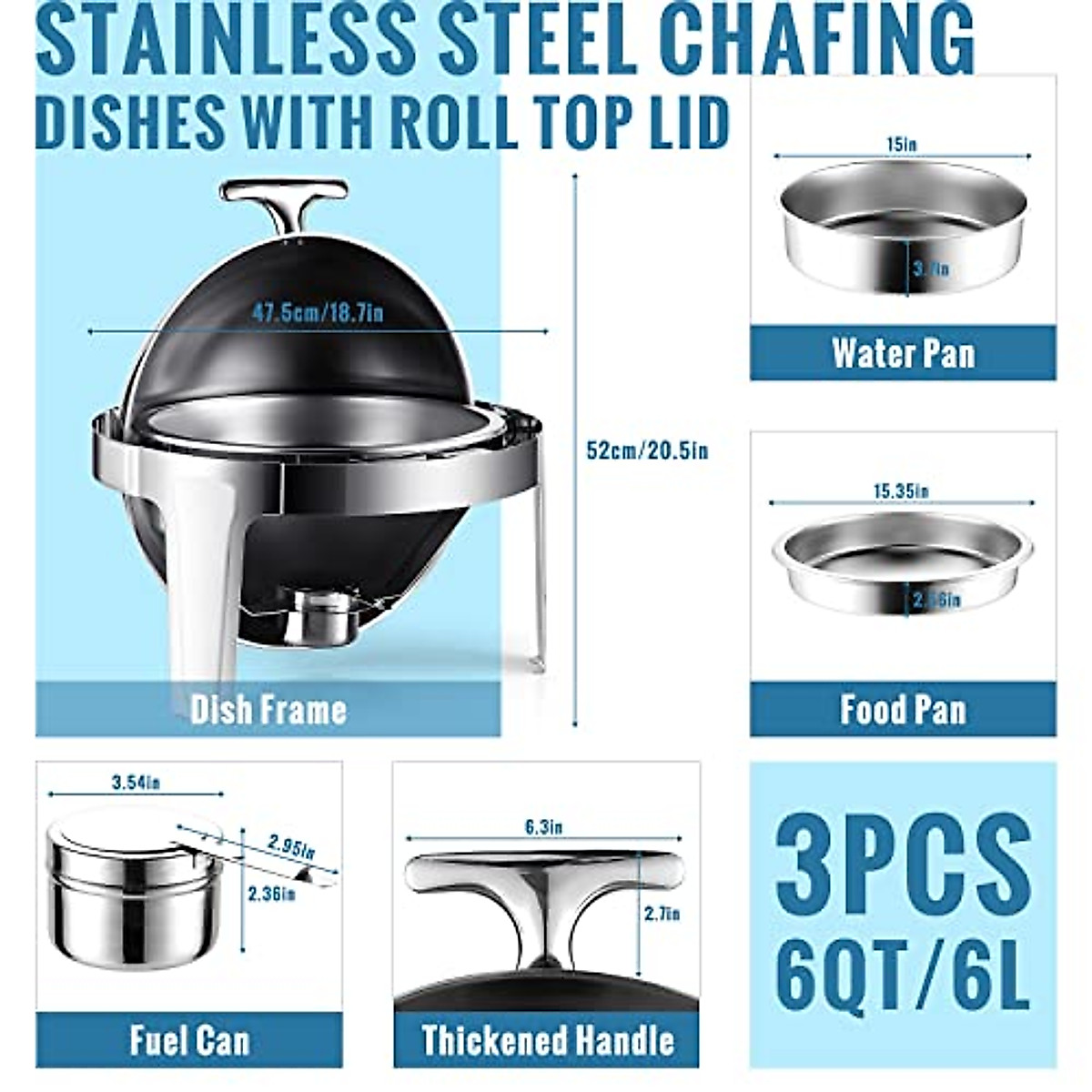 3 Pack Roll Top Chafing Dish Buffet Set 6 Quart Round Stainless Steel Chafer for Catering with Solid Stand and Fuel Holder Buffet Servers and Warmers for Party Banquets Wedding Buffets