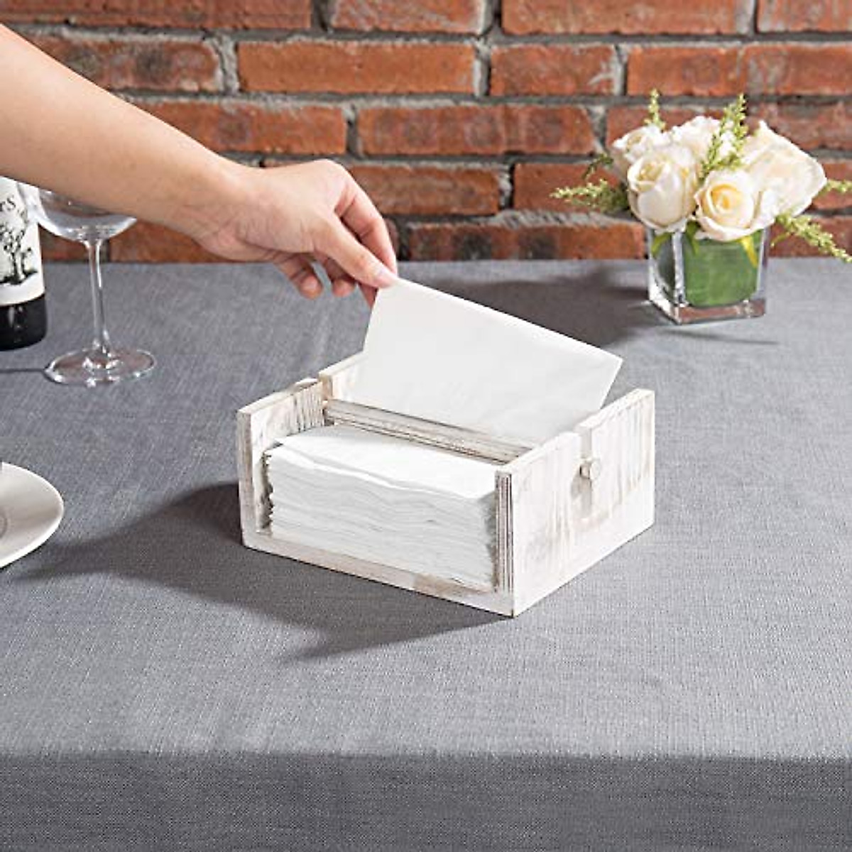 MyGift Whitewashed Wood Square Flat Napkin Holder with Weighted Arm, Farmhouse Dining Table Napkin Holder
