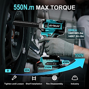 GEVEELIFE 550N.m/400Ft-lbs Brushless Impact Wrench,1/2" Cordless Impact Gun w/ 2x3.0Ah Battery & 6 Sockets, 2450RPM Power Electric Impact Driver for Car/DIY Furniture/Lawn Mower, Blue Toolbox