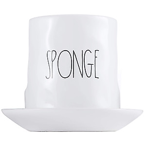 Sponge Holder for Kitchen Sink Modern Farmhouse White Ceramic Sponge Caddy with Drip Tray & Includes Two Sponges by Salbree (White, 1)