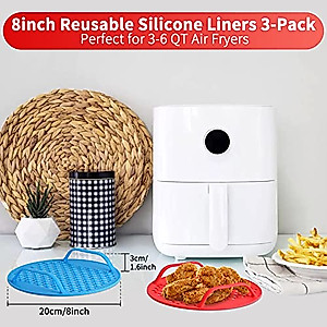 OUTXE 3-Pack Silicone Air Fryer Liners with Handle 8inch Reusable Air Fryer Liners with Raised Dots Air Fryer Inserts for Air Fryer Oven Microwave Accessories (Pink+Red+Blue)