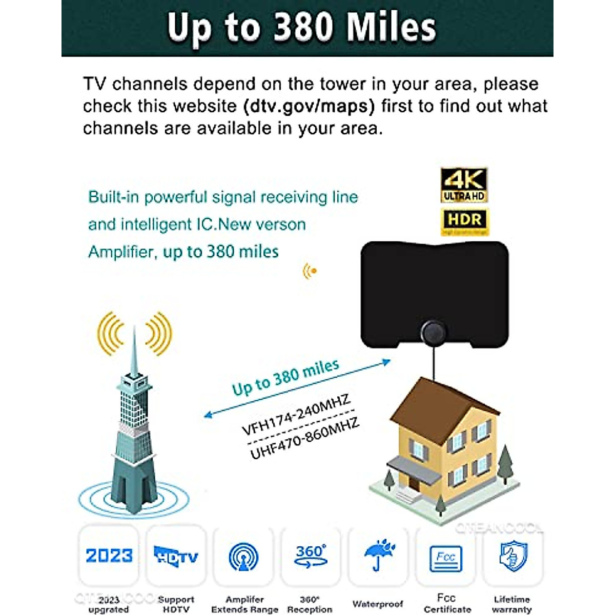 TV Antenna for Smart TV, TV Antenna Indoor 380+ Miles Long Range, Antenna TV Digital HD Indoor Support 4K 1080p UHF VHF FM, Digital Antenna for TV for Local Channels, TV Antenna Amplifier Booster