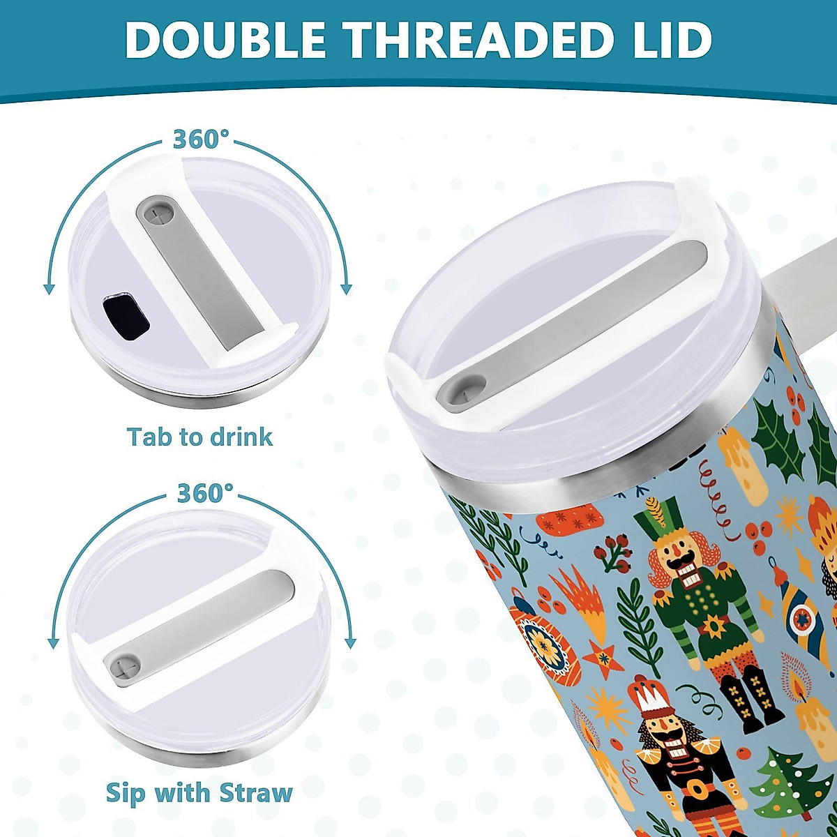 Emelivor Christmas Nutcrackers 40 oz Tumbler with Lid and Straw Insulated Tumblers with Handle Thermal Stainless Travel Coffee Mug Cup Water Bottle for Hot and Iced Cold Drinks