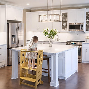 Wooden Brown 1-3 Toddler Tower Kitchen Helper,Height Adjustable Learning Standing Tower with Black and White Activity Board & Safety Net Perfect for Kitchen, Bathroom and Bedroom Children Step Stool