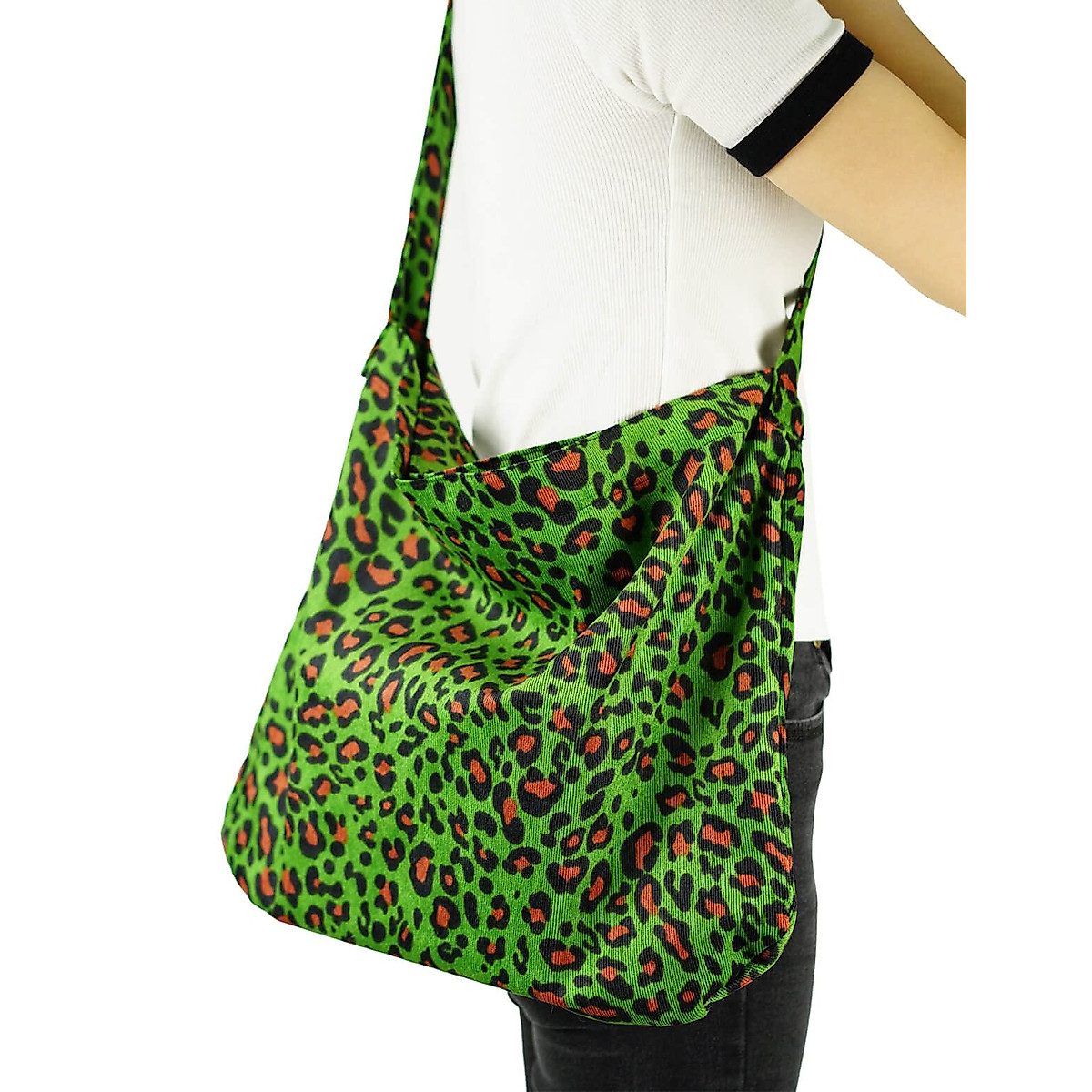 ZAIIVE Leopard Pattern Corduroy Tote Bag, Retro Green Leopard Print Crossbody Corduroy Shoudler Bag For Women Travel Shopping With Magnetic Snap