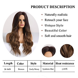 Haoland Long Ombre Brown Wavy Wig for Women 26 Inch Middle Part Curly Women's Charming Synthetic Wig with Natural Wavy Brown Heat Resistant Hair for Wedding Daily Party Use