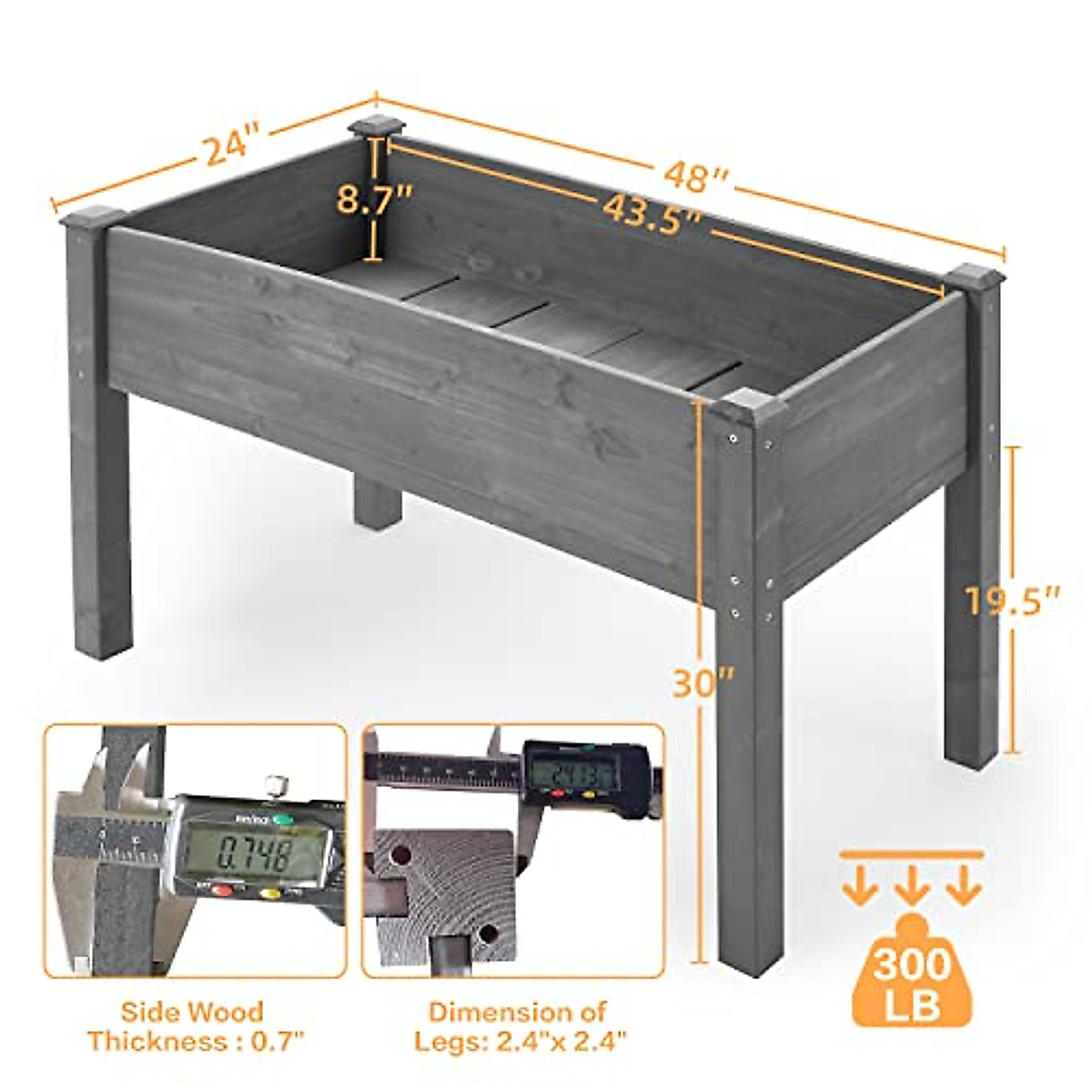 Raised Garden Bed with Legs, 48x24x30'', Outdoor Wood Elevated Planter Box, Grey Cedar, Thick Legs, w/Liner