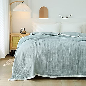 Cotton Muslin Throw Blanket for Adults Queen 78" x 90" Lightweight 100% Cotton Blankets 4 Layer Cozy Wrinkled Super Soft for Bed,Couch & Sofa,All Season Bedding, Cyan