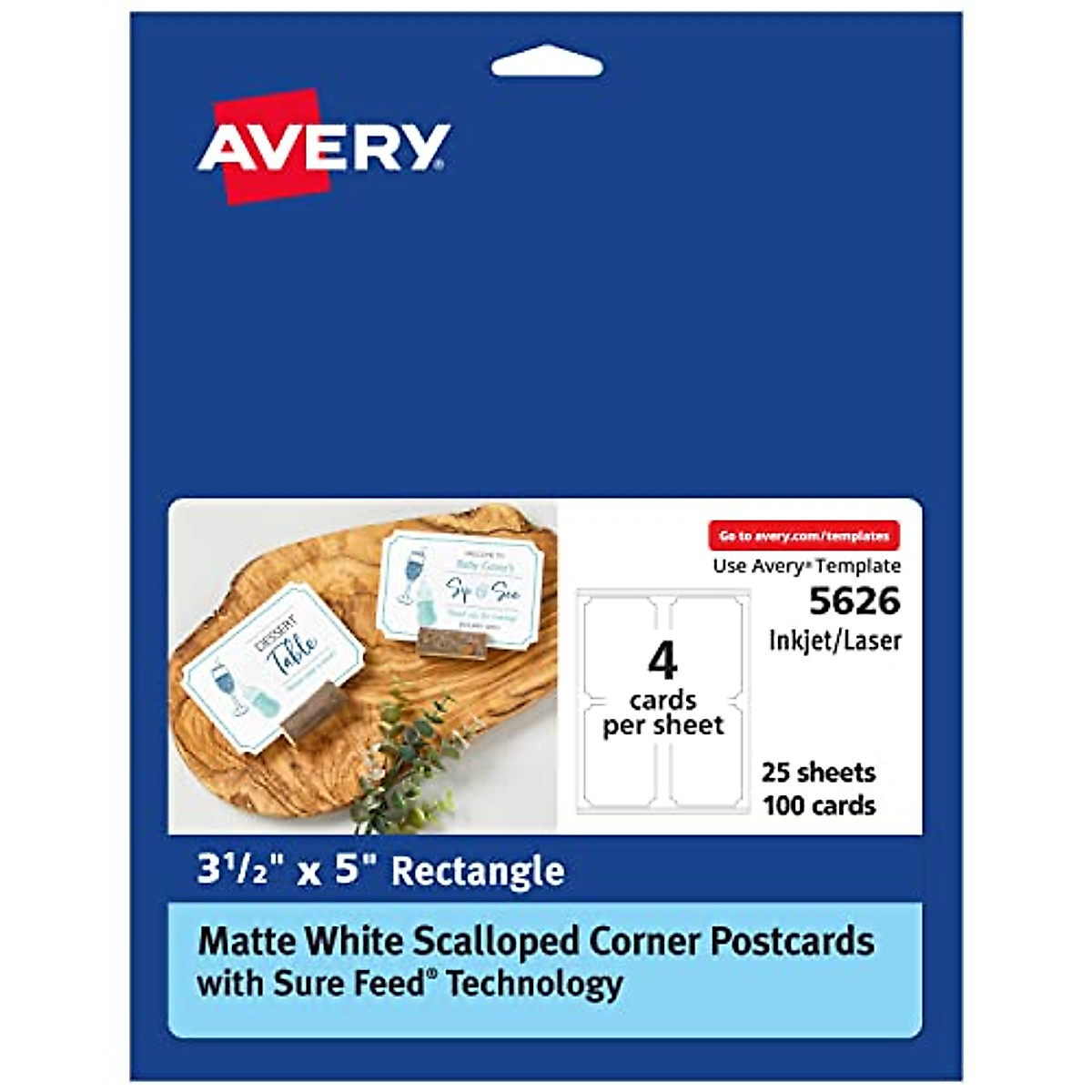 Avery Postcards with Scalloped Corners and Sure Feed Technology, 3.5" x 5", Matte White, 100 Cards Total, Laser/Inkjet Printable Cards (5626)