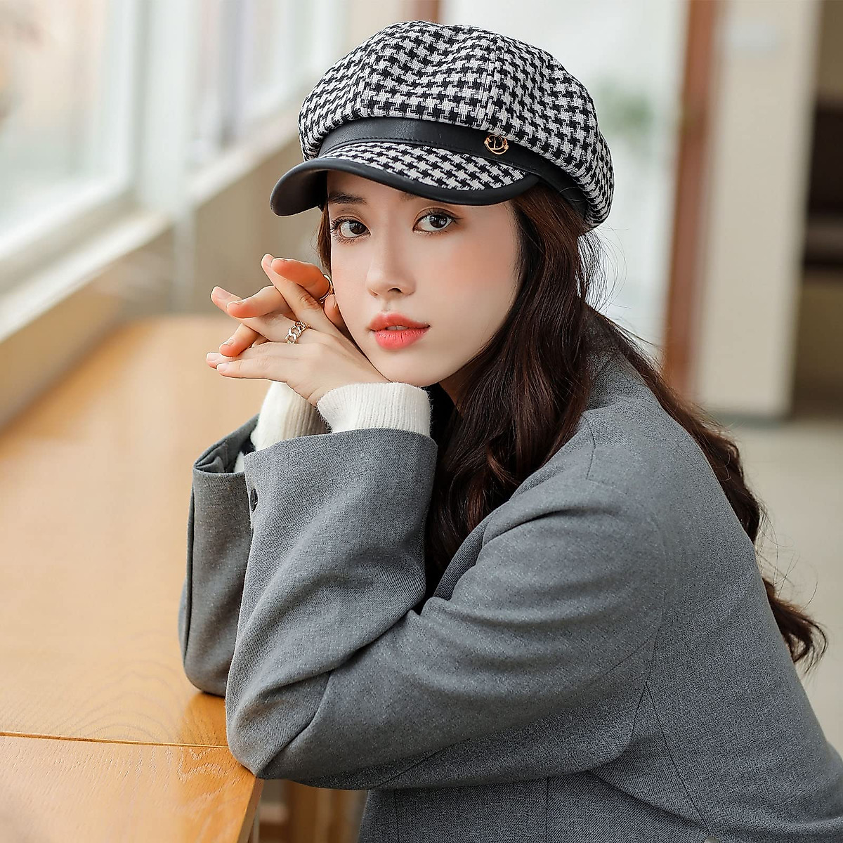KORIXINE Womens Newsboy Cap French Fashion Houndstooth Paperboy Hats Summer Cabbie Baker Boy Hat for Fall Beret Cap,Black