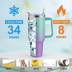 40 oz Tumbler with Handle and Straw Lid, 100% Leak-proof Travel Coffee Mug, Stainless Steel Insulated Cup for Hot Cold Beverages, Keeps Cold for 34Hrs or Hot for 10Hrs, Dishwasher Safe (GreenPurple)
