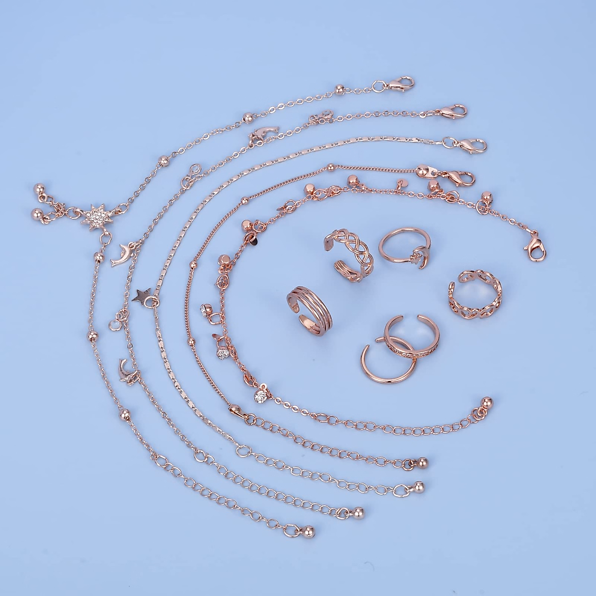 JFORYOU Anklets and Toe Ring Set for Women Rose Gold Chain Layered Anklets Toe Rings Ankle Bracelets Open Adjustable Toe Rings Beach Foot Jewelry