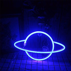 QiaoFei Led Planet Neon Signs Blue Kids Neon Lights Decorative Wall Signs, Battery or USB Operated Lamp for Party Supplies Room Wall Art Decoration (Blue)