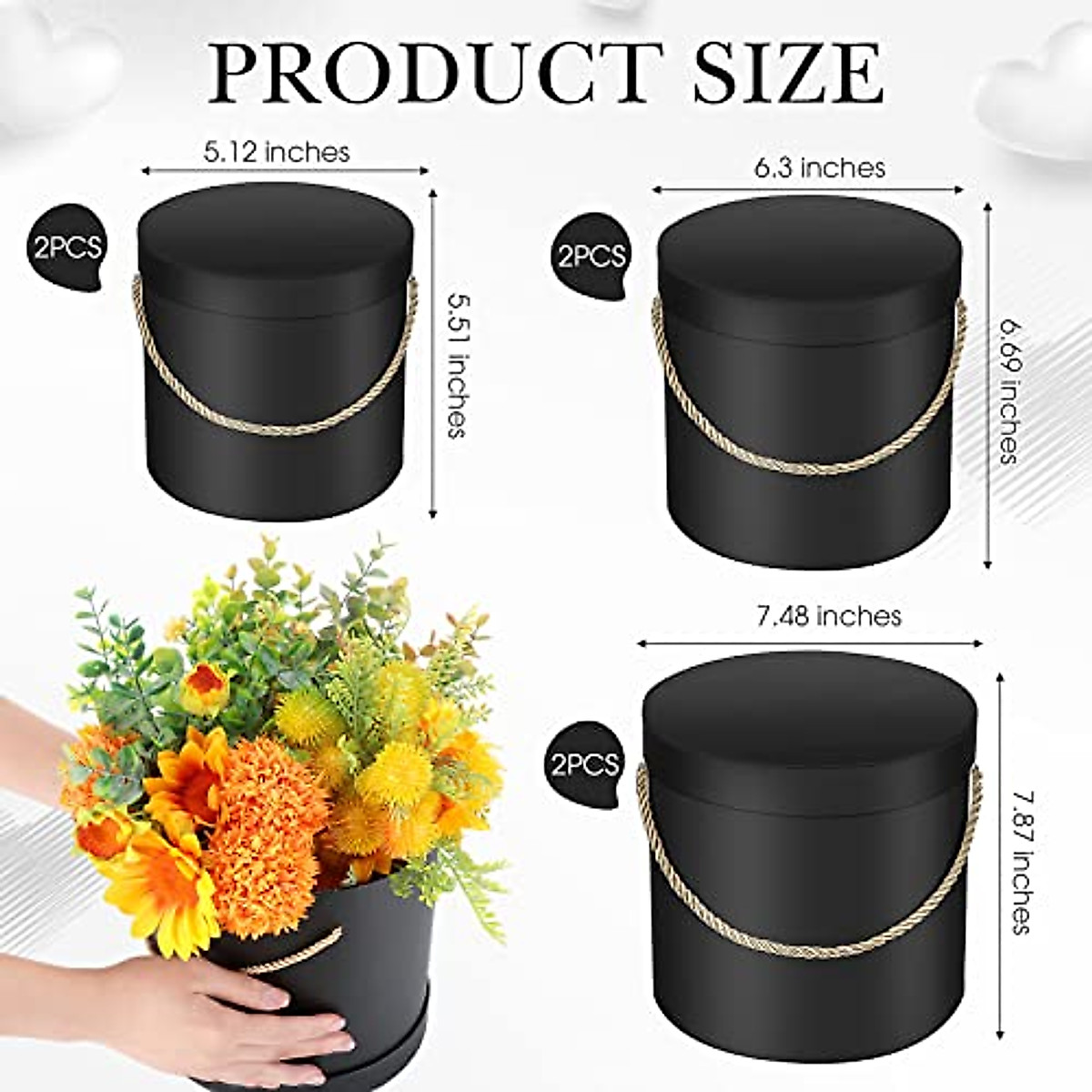 Skylety 6 Pcs Round Flower Boxes with Lids Nesting Gift Boxes with Handle for Flowers Arrangement Assorted Sizes for Mother's Day, Bridesmaid, Wedding, Birthday, Baby Shower(Black)