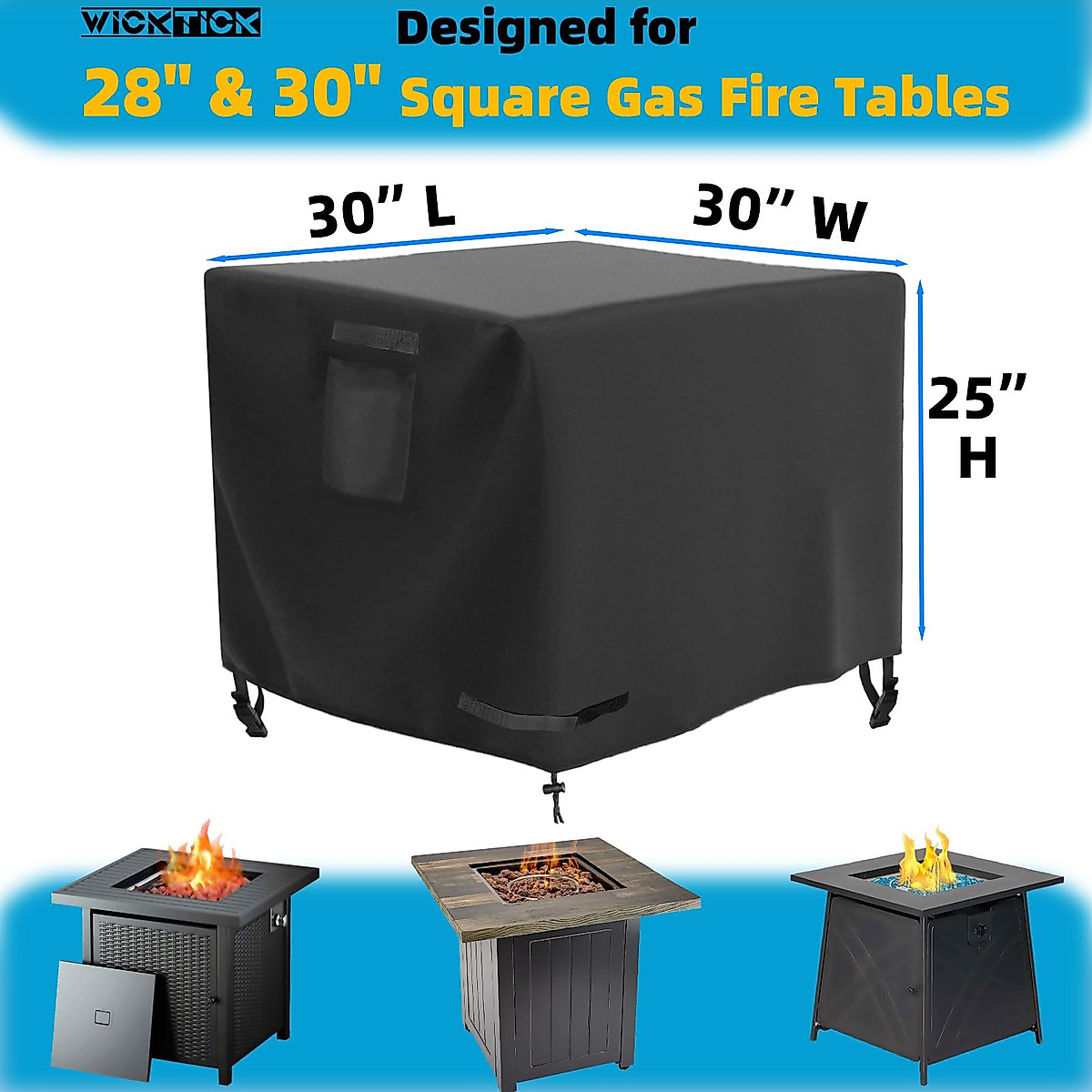 WICKTICK Square Gas Fire Pit Cover 30 x 30 x 25 Inch, Waterproof & 600D Heavy Duty Fire Table Cover, Compatible with Ciays, Xbeauty, Bali Outdoors and More 28x28, 30x30 Inch Patio Propane Firepits