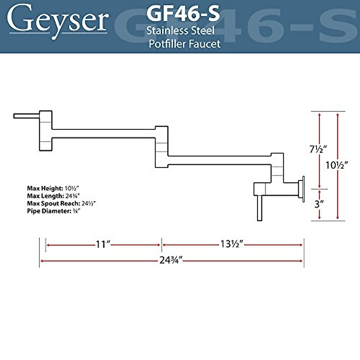 Geyser GF46-S Andorra Series Stainless Steel Wall Mount Two Handle Pot Filler Faucet (Brushed Stainless Steel Finish)