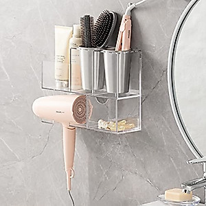 HBlife Hair Tool Organizer Wall Mounted with Drawer, Clear Acrylic Hair Styling Tools Organizer, Blow Dryer Holder, Caddy Storage for Hair Brush