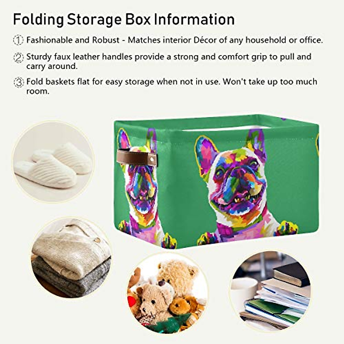 Nander Large Foldable Storage Bin Rectangle Waterproof Storage Basket Cube with PU Handles for Organizing Nursery Home Closet & Office - Funny French Bulldog, 1 Pack