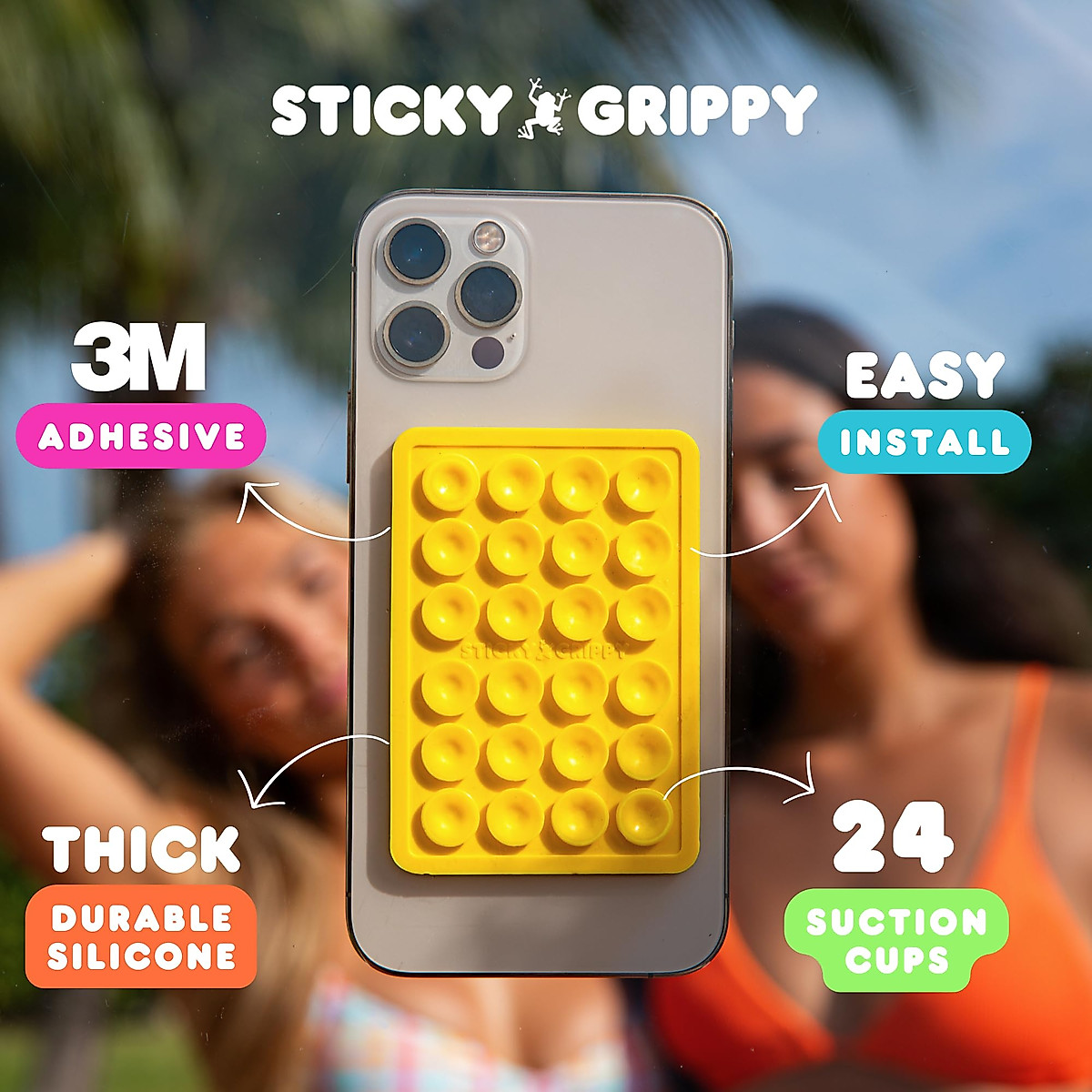 StickyGrippy Suction Phone Case Mount, Sillicon Adhesive Phone Accessory for iPhone and Android, Hands-Free Fidget Toy Mirror Shower Phone Holder, Tiktok Videos and Selfies (Black)