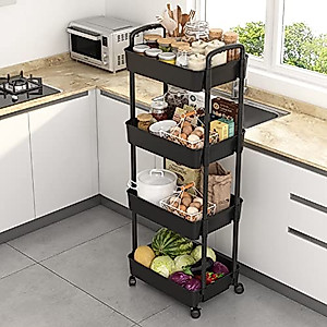 Sywhitta 4-Tier Plastic Rolling Utility Cart with Handle, Multi-Functional Storage Trolley for Office, Living Room, Kitchen, Movable Storage Organizer with Wheels, Black
