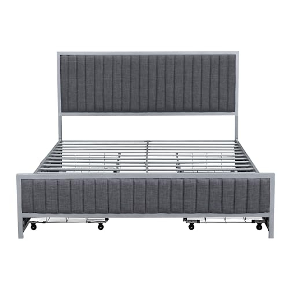 WADRI Modern Queen Size Metal Frame Upholstered Bed with 4 Drawers, Linen Fabric Platform Bed with Upholstered Headboard, Storage Platform Bed for Kids Teens Bedroom (Gray + Linen-N32)