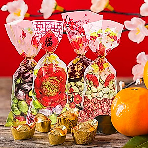 100 Pcs Chinese New Year Gift Bags, 4 Designs Chinese New Year Goodie Bags Lunar New Year Spring Festival Year of the Rabbit Cellophane Treat Candy Favor Red Bags for Chinese New Year 2023 Decorations and Party Supplies