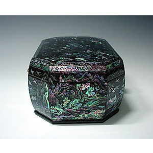 Mother of Pearl Inlaid Landscape Design Lacquered Black Octagonal Luxury Wooden Asian Handcrafted Jewelry Trinket Keepsake Treasure Box Case Chest Organizer