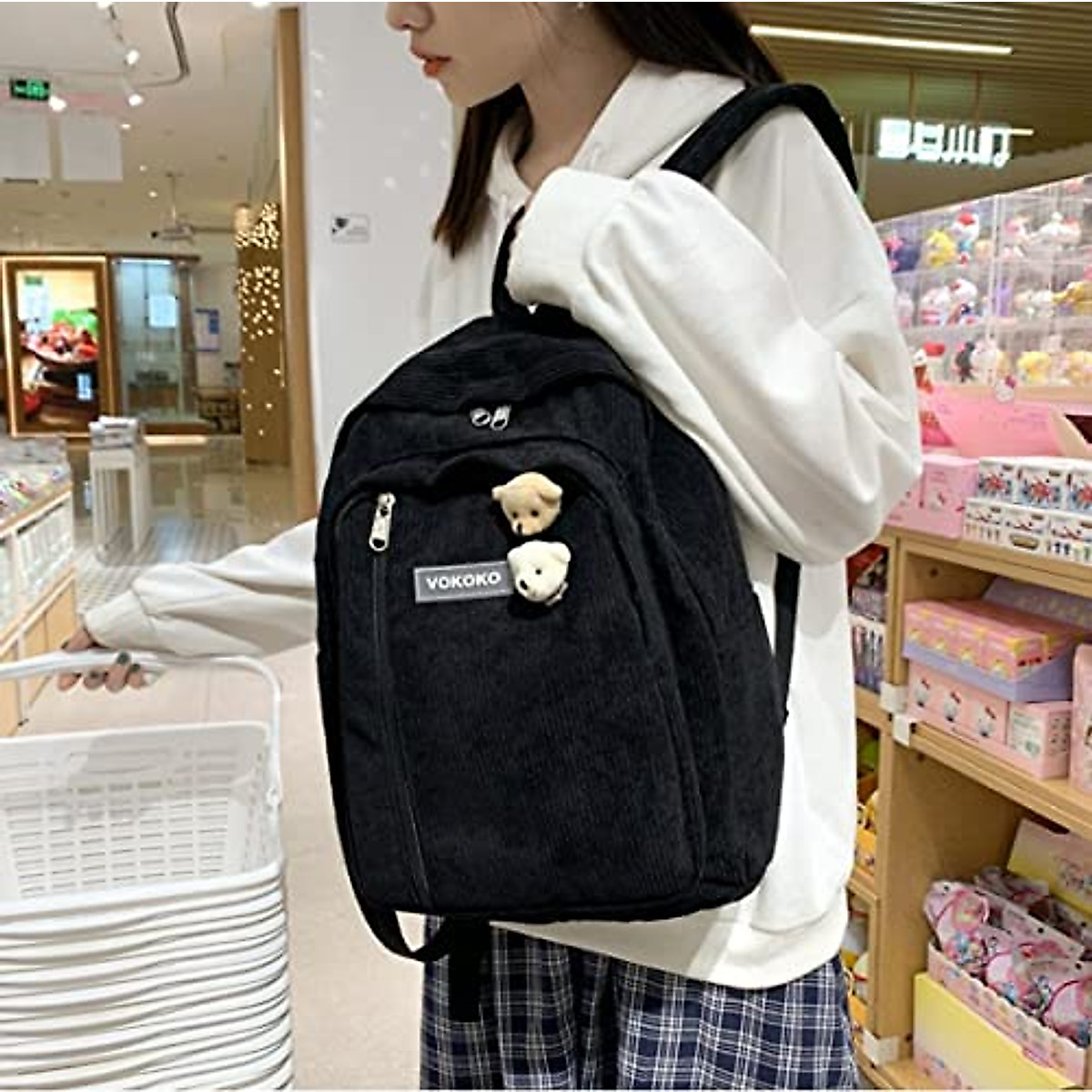 MBVBN Stripe Cute Corduroy Backpack Student Shoulder Bag with 3D Bear Pendant (Black) Medium