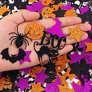 YUJUN 195PCS Halloween Confetti, Halloween Bat Witch Star Spider Black Cat Pumpkin Table Scatter Glitter Confetti for Halloween Party Favors Table Decoration(Purple Black Orange)