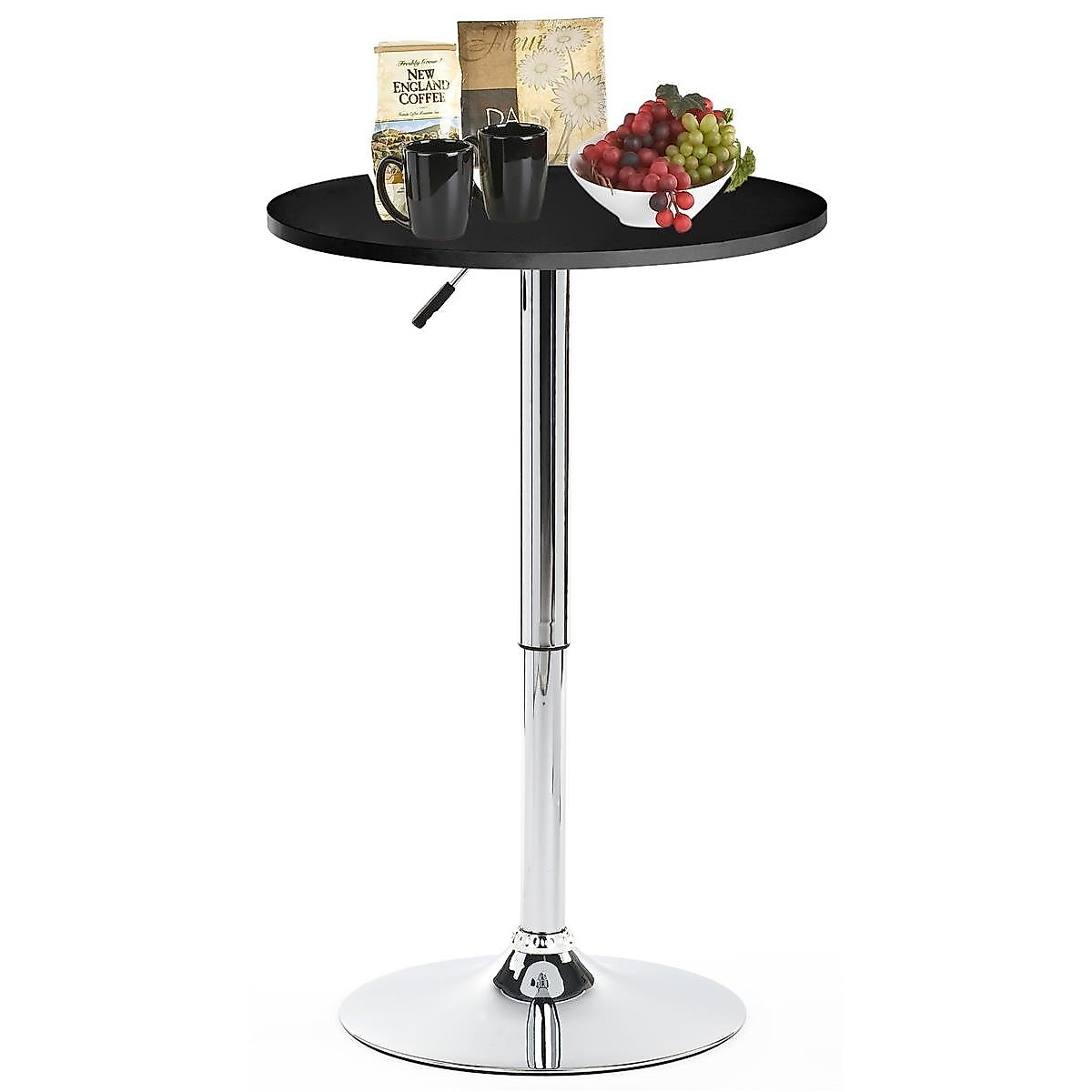 Displays2go Modern Hydraulic Bar Table, 23.5 Inch Round, Aluminum/Wood, Adjustable Height – Black (BRTBLA1B)
