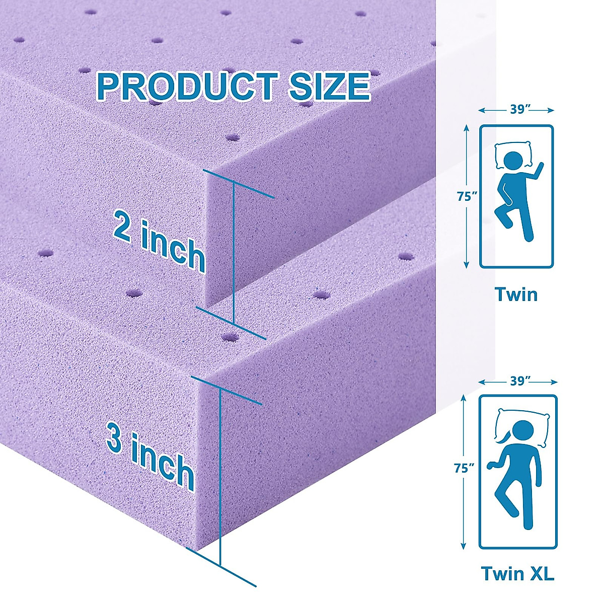 2 Inch Mattress Topper Twin XL(39"×80"), Cooling Gel Infused Bed Toppers for Twin Size Bed, Soft Mattress Pads for Sleeper Sofa, RV, Camper, CertiPUR-US Certified, Purple