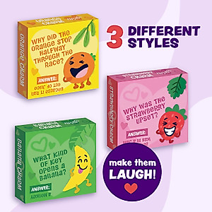 Peaceable Kingdom Valentines Cards for Kids Classroom, Set of 28 Valentines Day Gifts - Silly Jokes with Fruit Charms