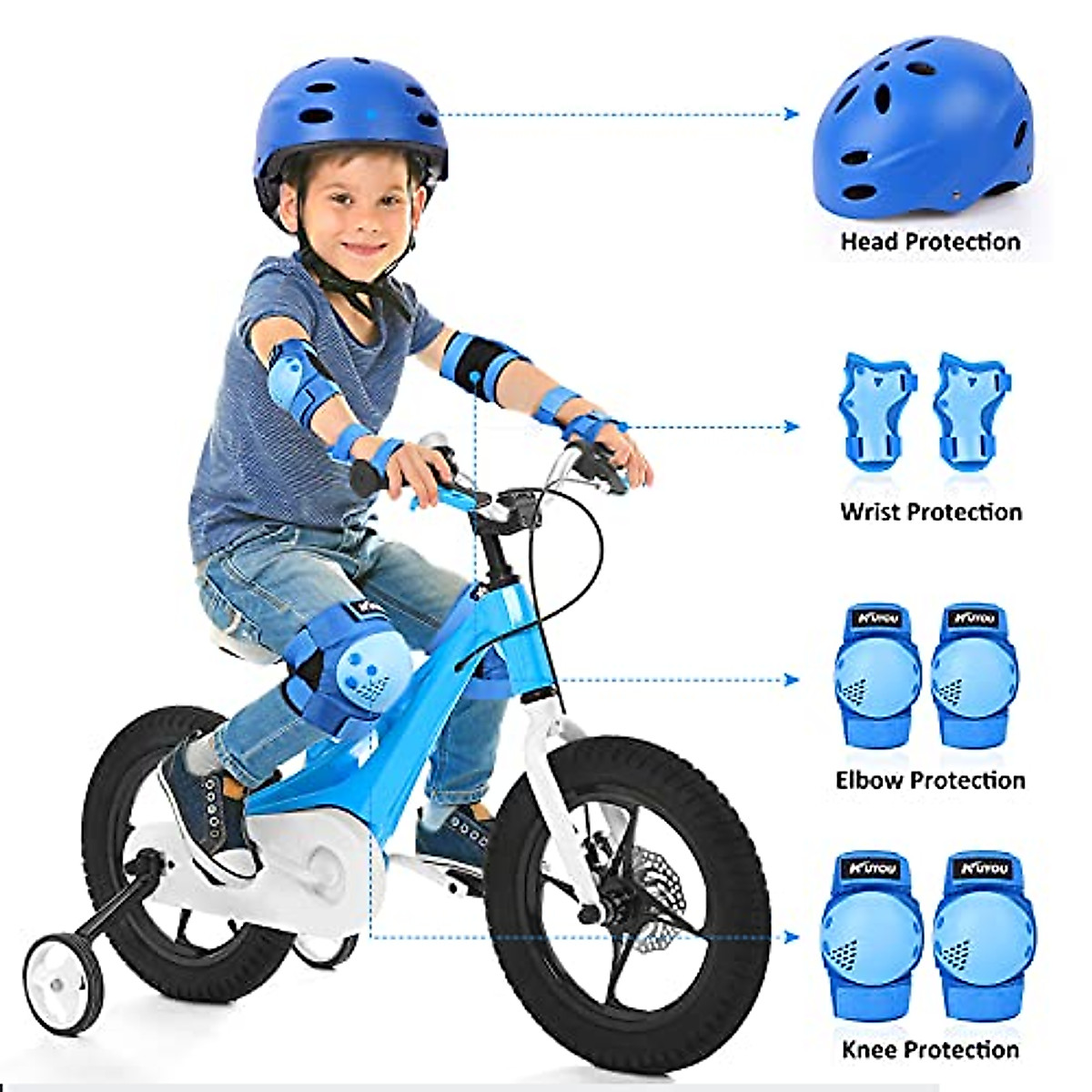 Kid's Protective Gear Set,Roller Skating Skateboard BMX Scooter Cycling Protective Gear Pads (Knee Pads+Elbow Pads+Wrist Pads+ Helmet) (Blue)
