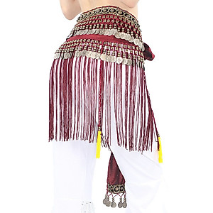 ZLTdream Women's Belly Dance Tribal Hip Scarf with Fringe Coins Flannel Dark Red, One Size