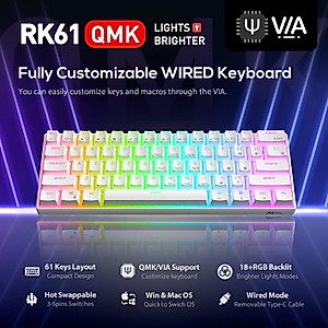 RK ROYAL KLUDGE RK61 Wired 60% Mechanical Gaming Keyboard Programmable QMK/VIA RGB Backlit 61 Keys Ultra-Compact Hot Swappable Blue Switch White