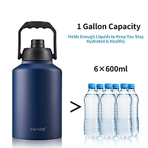 CIVAGO Gallon Insulated Water Bottle Jug, 128 oz Stainless Steel Sports Canteen, Large Metal Thermal Growler Mug with Pouch Holder and Handle, Indigo Black