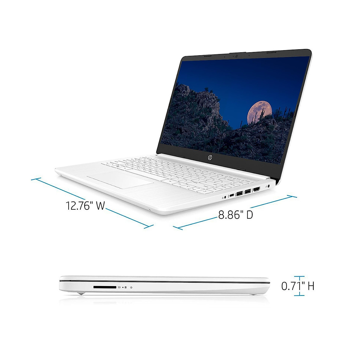 HP 14 HD Laptop, 2023 Newest Upgrade, Intel Intel Celeron N4120(4-core), 16GB RAM, 576GB(64GB SSD+512GB Card), Webcam, Bluetooth, USB-C, White, Windows 11, School and Business Ready, ROKC HDMI Cable