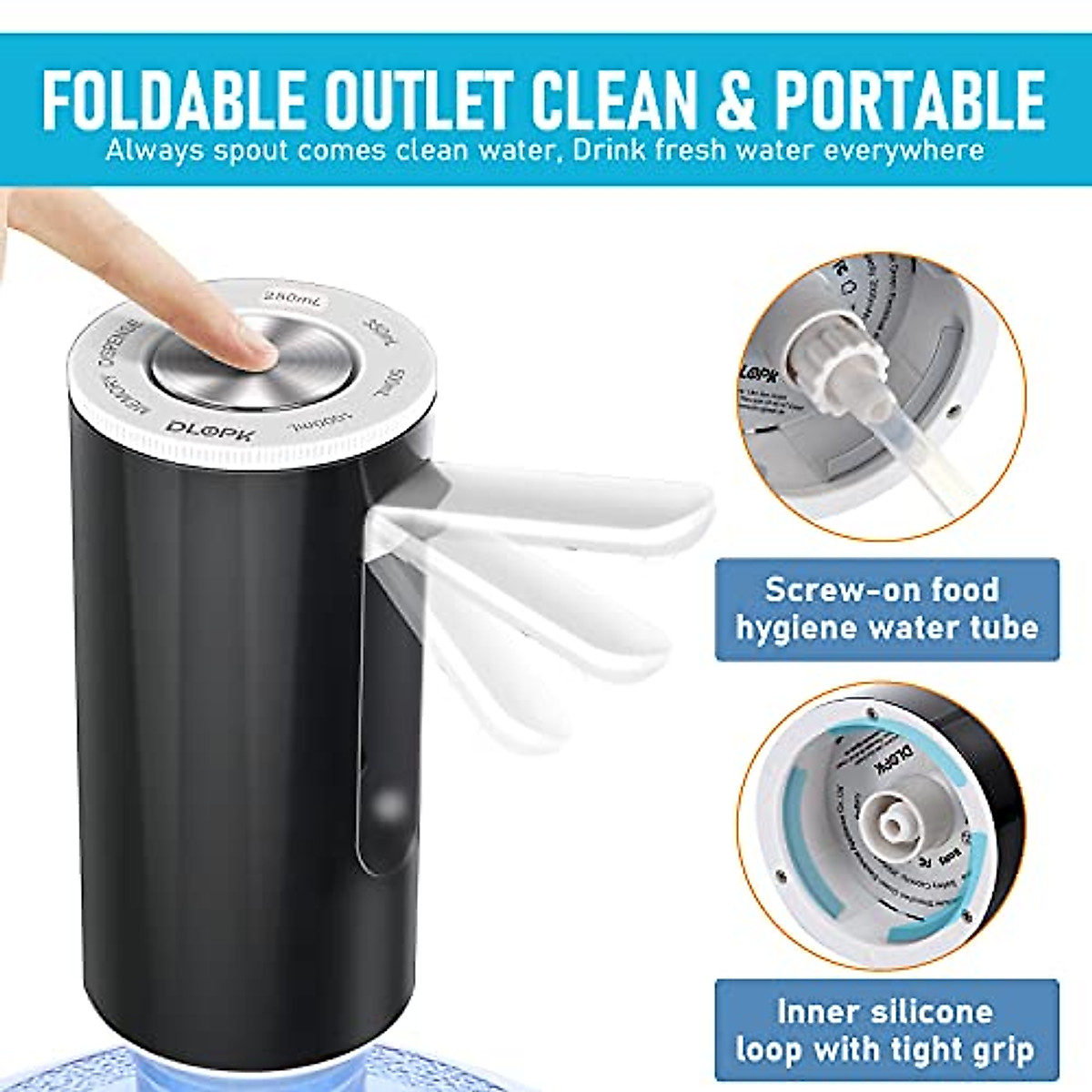 Water Bottle Pump, 2000mAh Battery USB Water jug Pump for 5 Gallon Water Pump,Portable Automatic Water Dispenser Pump for Home Office RV Camp (Foldable) Black