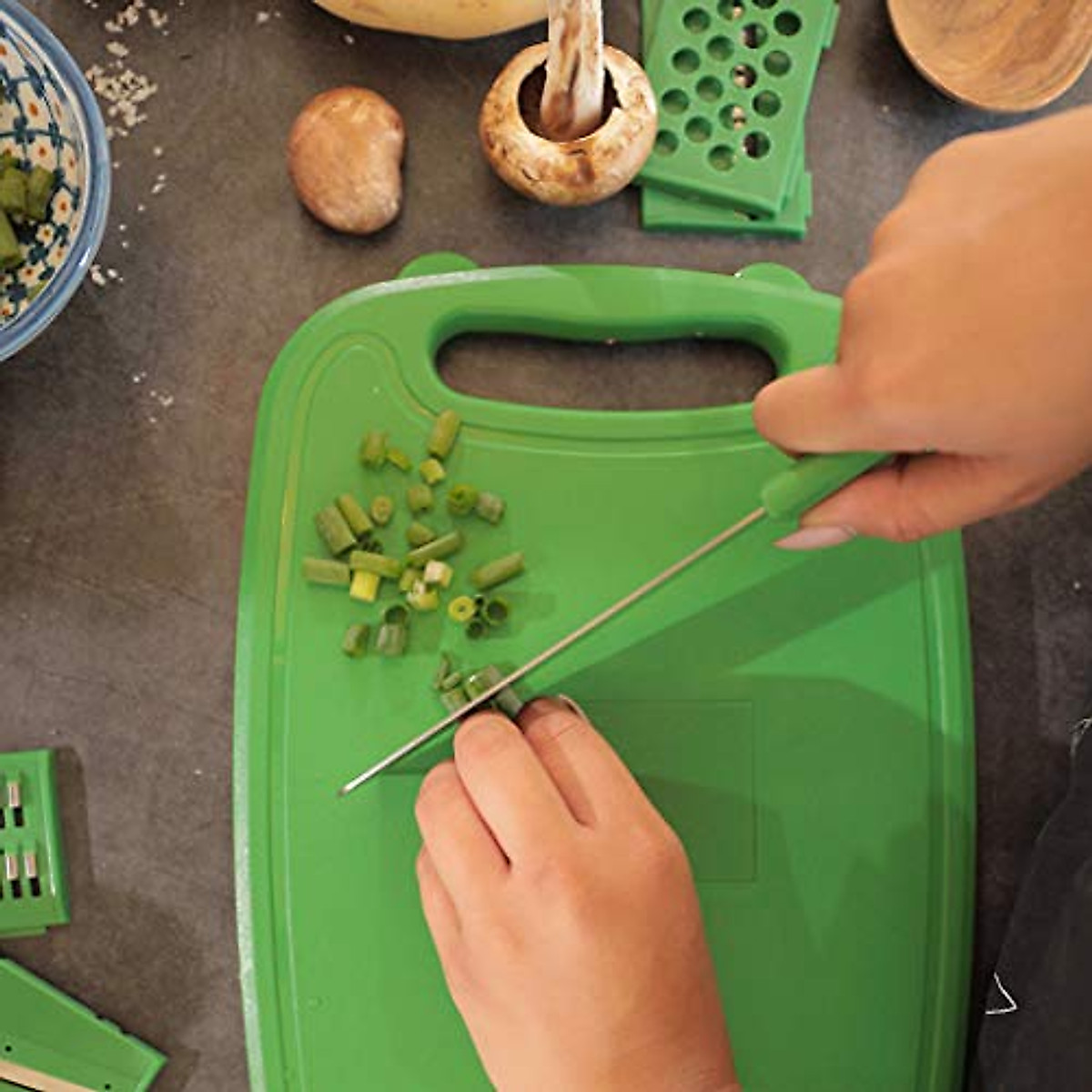 Kitchen Cutting Board with 9-in-1 Multi-Functionality from Rice Husk – Durable, Collapsible, Space Saving Chopping Board that Slices, Dices and Strains – Complete with Knife Set and Dishwasher Safe