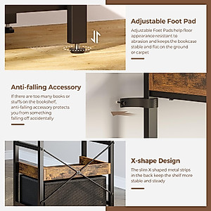 Rolanstar Bookshelf 5 Tier with Removable Drawer, Tall Narrow Bookcase, Industrial Wooden Display Shelves for Bedroom, Living Room, Office, Kitchen, Rustic Brown