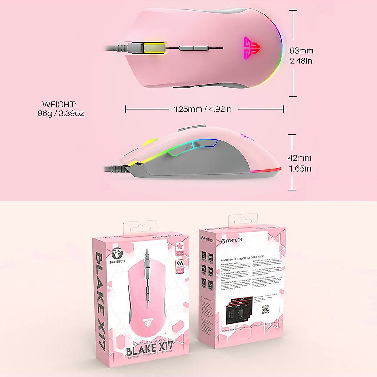 FANTECH Blake X17 Advanced Wired Gaming Mouse, 16.8 Million RGB Color Backlit, 10,000 DPI Optical Sensor, 7 Programmable Buttons, for Right or Left Hand Use, Pink (Sakura Edition)