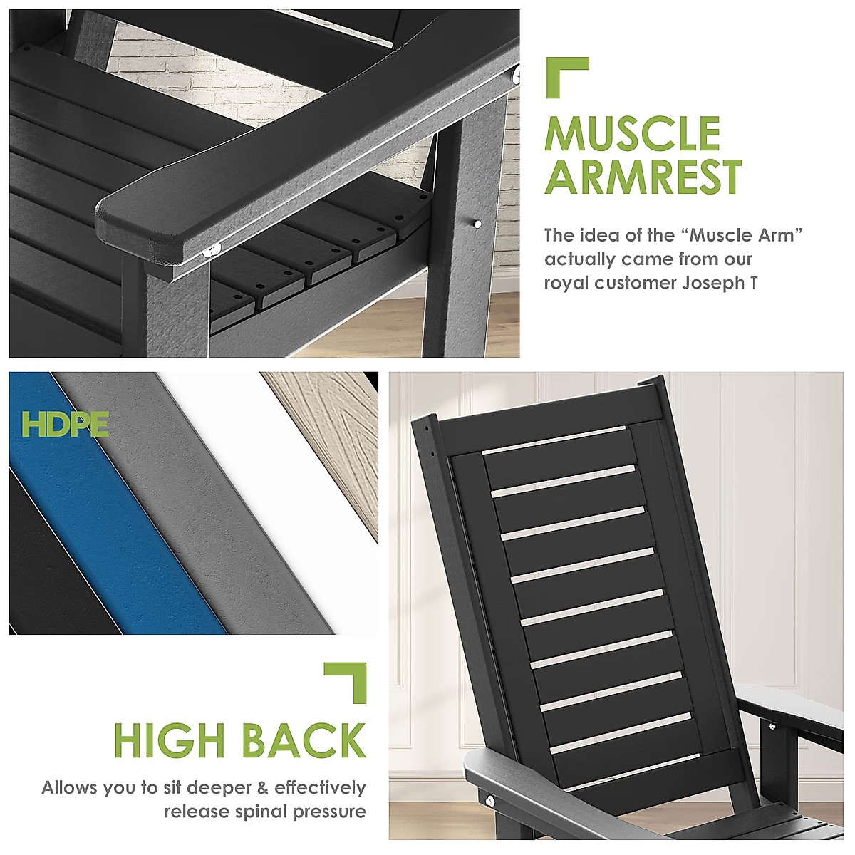 GREENVINES Oversized Rocking Chair, All Weather Resistant Outdoor Indoor Fade-Resistant Patio Rocker Chair，Stable Durable Smooth Rocking, Comfortable Easy to Maintain, Load Bearing 350 lbs (Black)