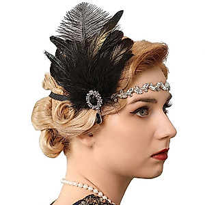 GENBREE 1920s Flapper Headband Black Feather Headpiece Rhinestone Headbands Cocktail Head Accessories for Women(Pattern 3)